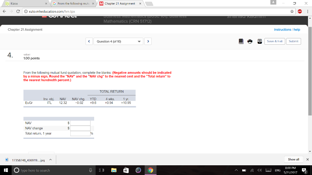 Solved From the following mutual fund quotation, complete | Chegg.com
