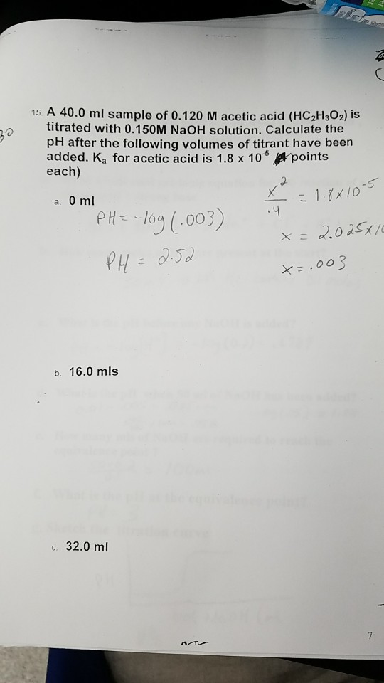 Solved 15. A 40.0 ml sample of 0.120 M acetic acid (HC2H302) | Chegg.com