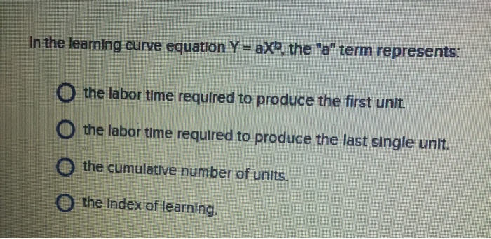 Solved In the learning curve equation Y = aX^b, the "a" term | Chegg.com