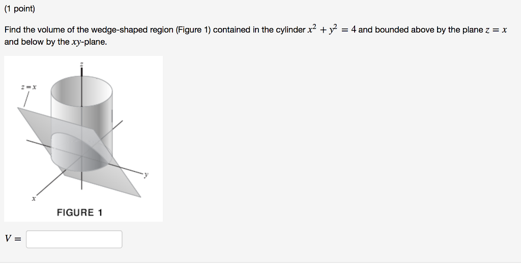 Solved (1 point) Find the volume of the wedge-shaped region | Chegg.com
