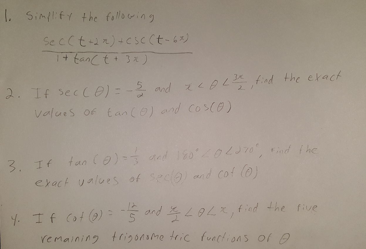 Solved 1. simplify the following sec) t + 2 pi) + csc( t - | Chegg.com