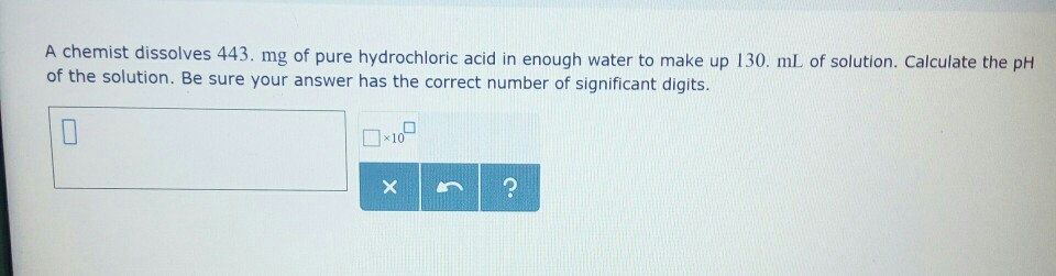 Solved A chemist dissolves 443. mg of pure hydrochloric acid | Chegg.com