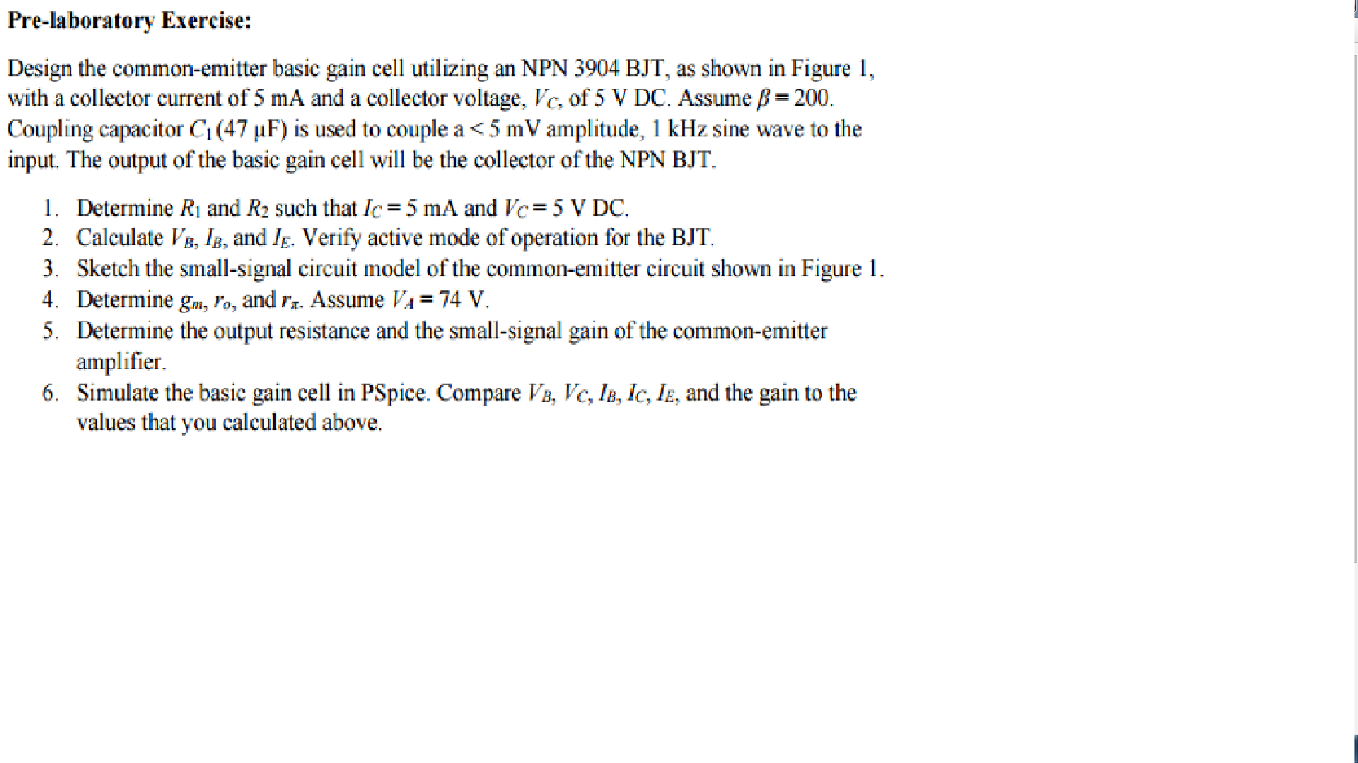 Solved Pre-laboratory Exercise: Design the common-emitter | Chegg.com