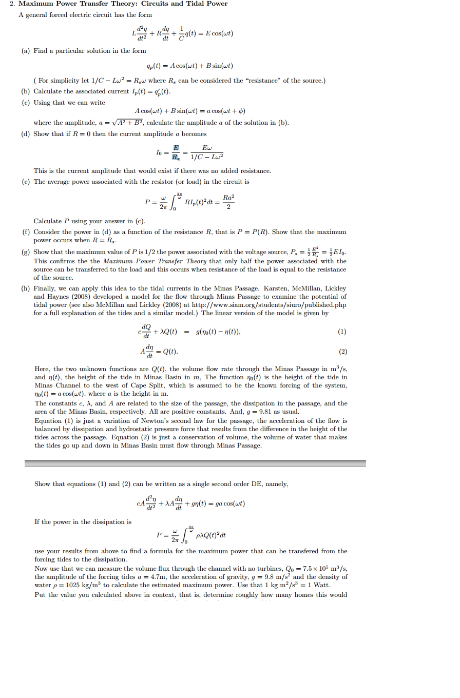 Solved 2. Maximum Power Transfer Theory: Circuits and Tidal | Chegg.com