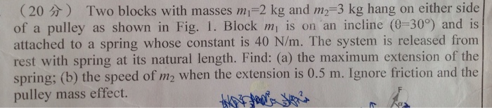 Solved Two blocks with masses m1=2kg and m2=3kg hang on | Chegg.com