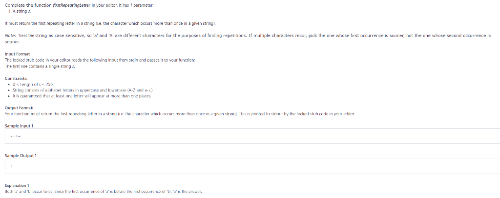 Solved Complete the function firstRepeatingLetter in your | Chegg.com