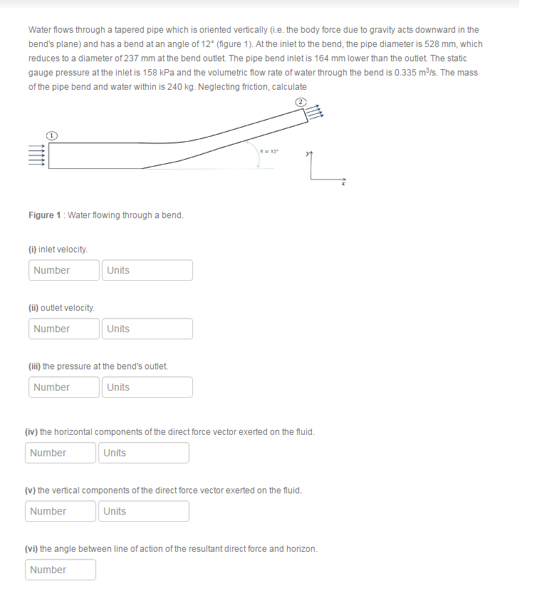 Solved Water flows through a tapered pipe which is oriented | Chegg.com