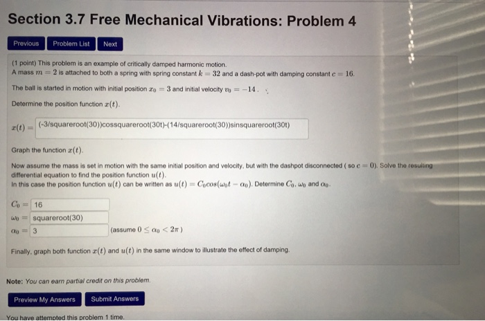 Solved Section 3.7 Free Mechanical Vibrations: Problem 4 | Chegg.com