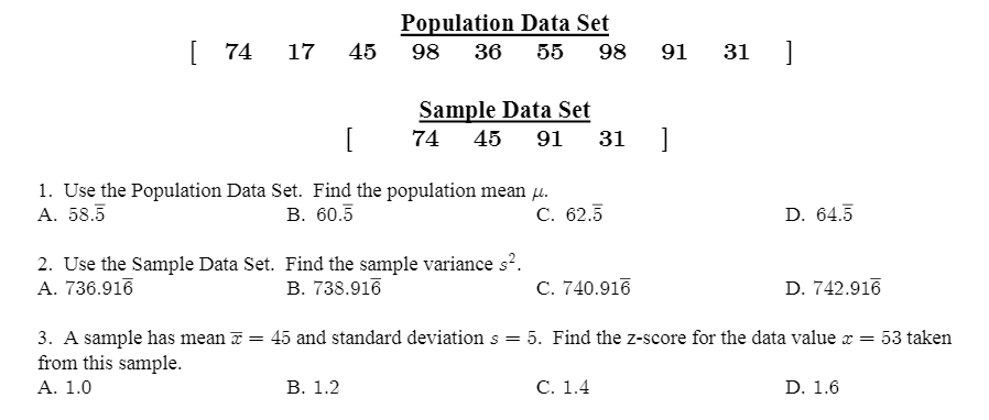 Solved Population Data Set 74 17 45 98 36 55 98 91 31 Sample | Chegg.com