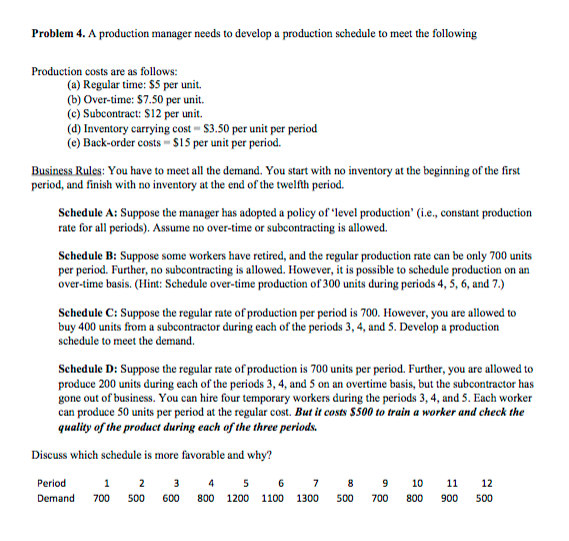 Solved Problem 4. A production manager needs to develop a | Chegg.com