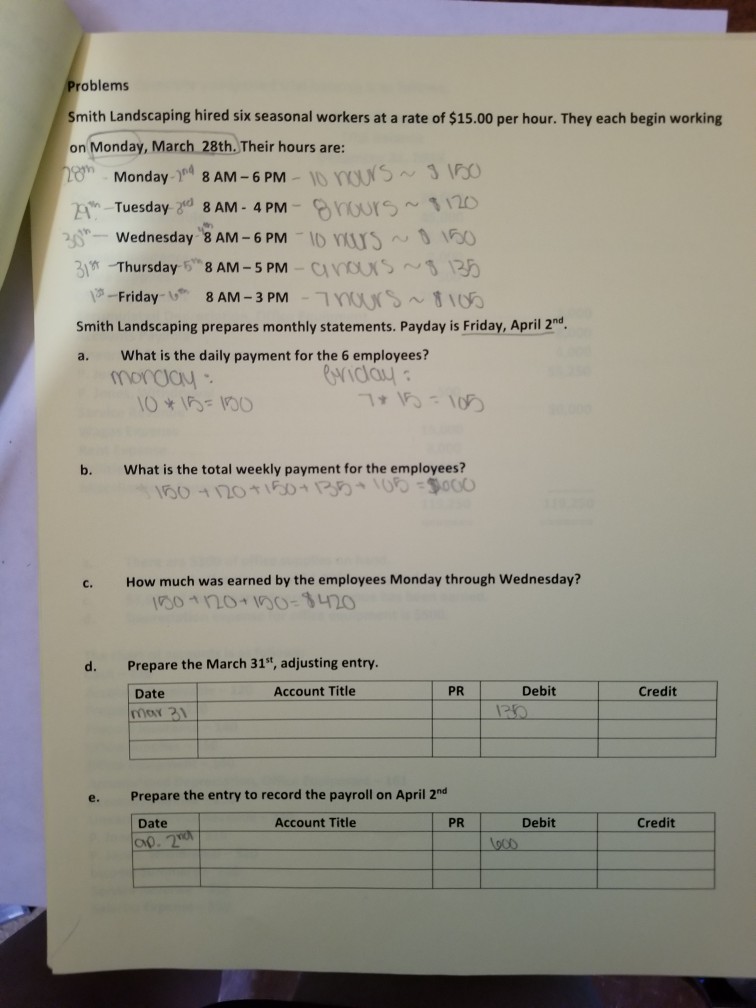 Solved roblems Smith Landscaping hired six seasonal workers | Chegg.com