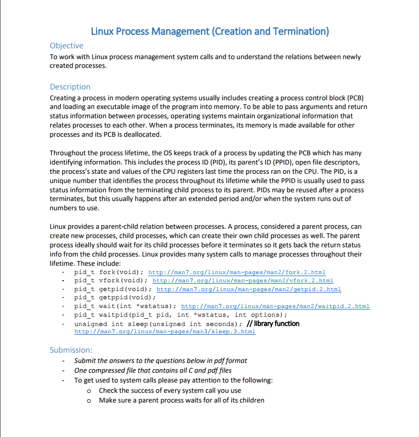 Solved Linux Process Management (Creation and Termination) | Chegg.com