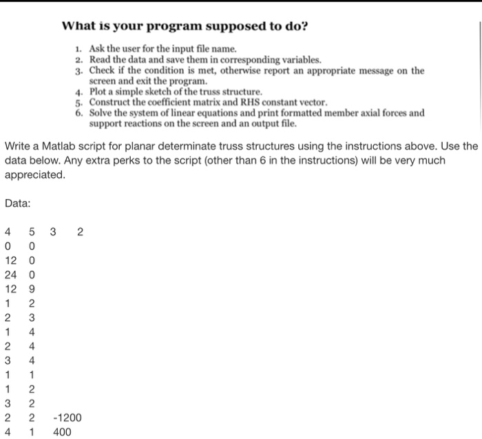Write a Matlab Script for planar determinate truss | Chegg.com