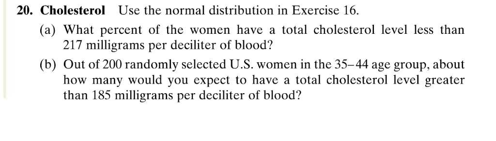 Solved 20. Cholesterol Use the normal distribution in | Chegg.com