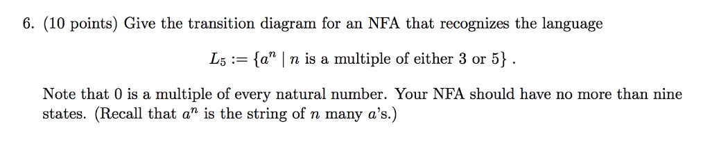 Solved 6. (10 points) Give the transition diagram for an NFA | Chegg.com