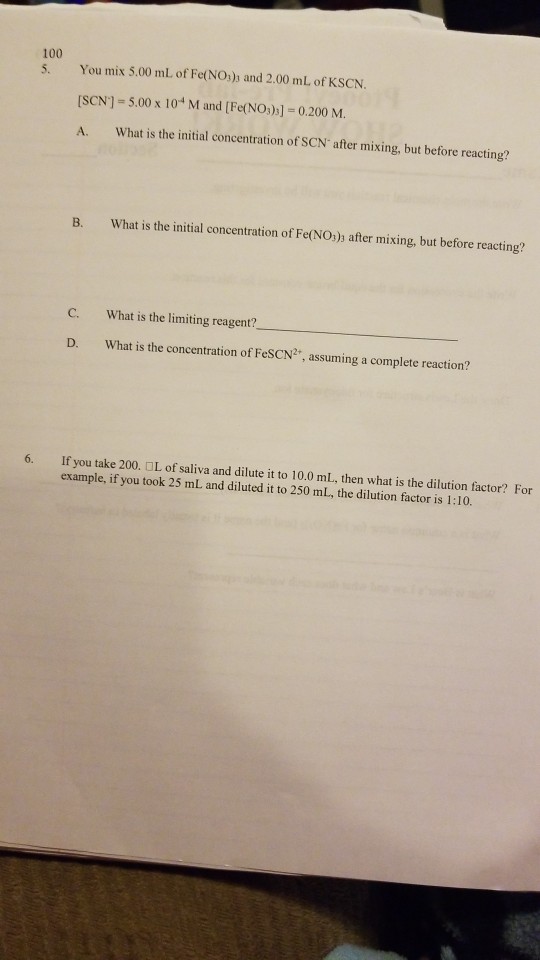 Solved 100 5. You mix 5.00 mL of Fe(NOs)s and 2.00 mL of | Chegg.com
