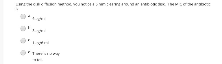 Solved Using the disk diffusion method, you notice a 6 mm | Chegg.com