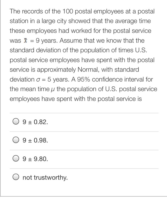 Solved The records of the 100 postal employees at a postal | Chegg.com