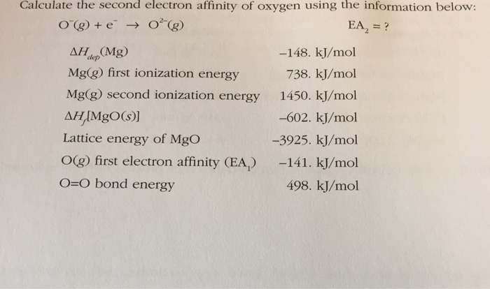 Solved Calculate the second electron affinity of oxygen | Chegg.com