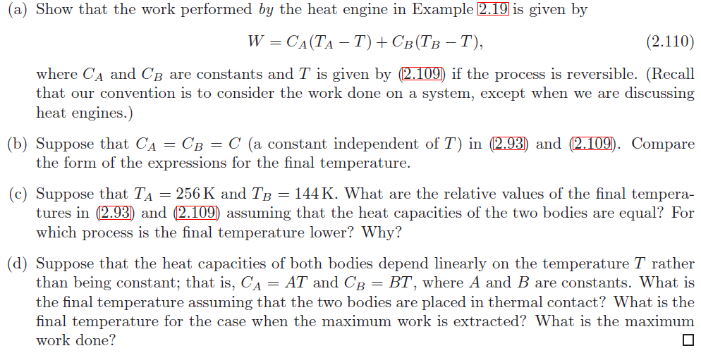 Show that the work performed by the heat engine in | Chegg.com