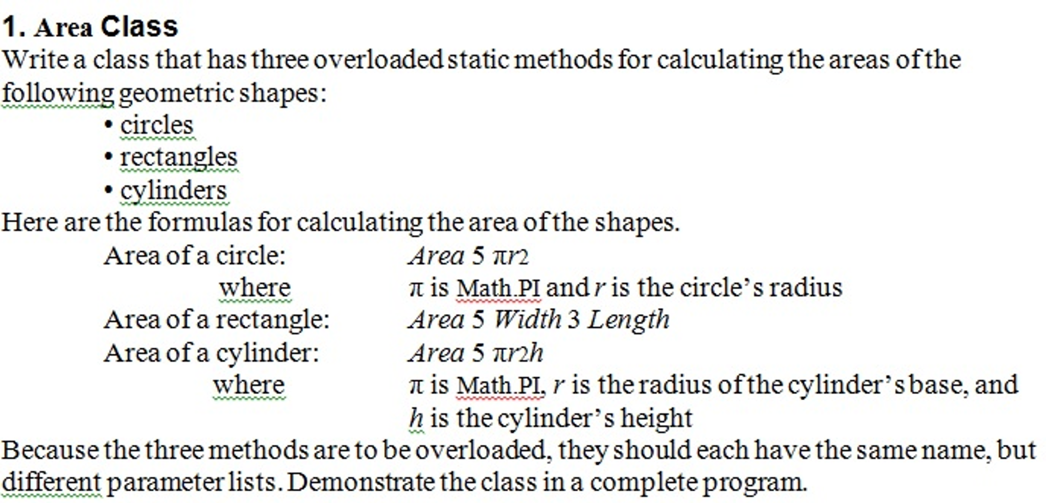 Area Class Write A Class That Has Three Overloaded