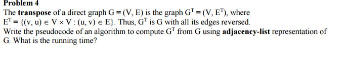 Solved The transpose of a direct graph G = (V, E) is the | Chegg.com
