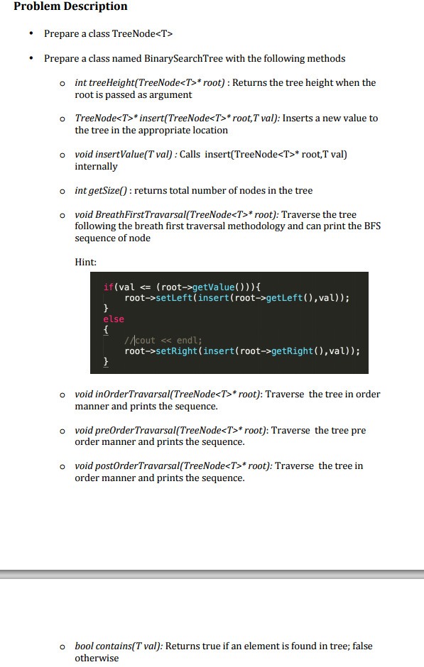 Problem Description Prepare a class TreeNode | Chegg.com