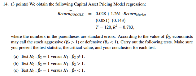 Solved We obtain the following Capital Asset Pricing Model | Chegg.com