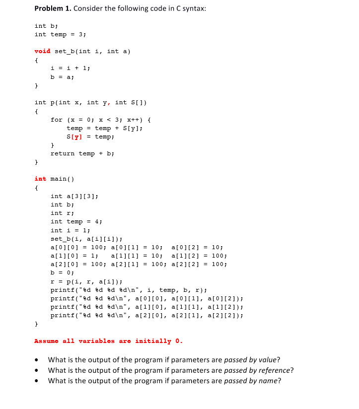 Solved Problem 1. Consider the following code in C syntax | Chegg.com