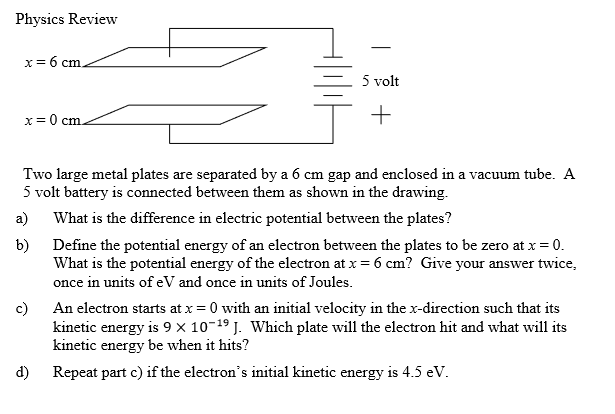 Solved Physics Review x=6cm 5 volt Two large metal plates | Chegg.com