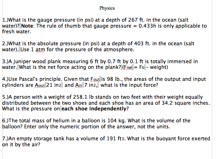 What is the gauge pressure (in psi) at a depth of 267 | Chegg.com