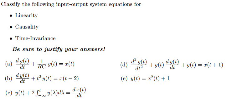 Solved Classify The Following Input Output System Equations 