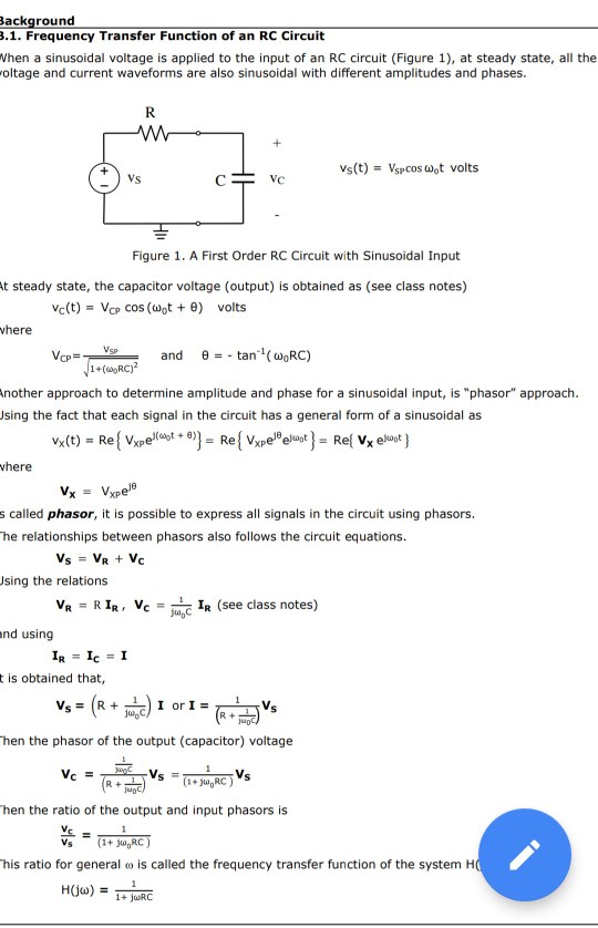 Solved ackground .1. Frequency Transfer Function of an RC | Chegg.com