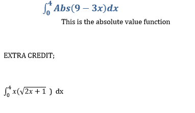 Solved Integral^4_0 Abs(9 - 3x) dx This is the absolute | Chegg.com