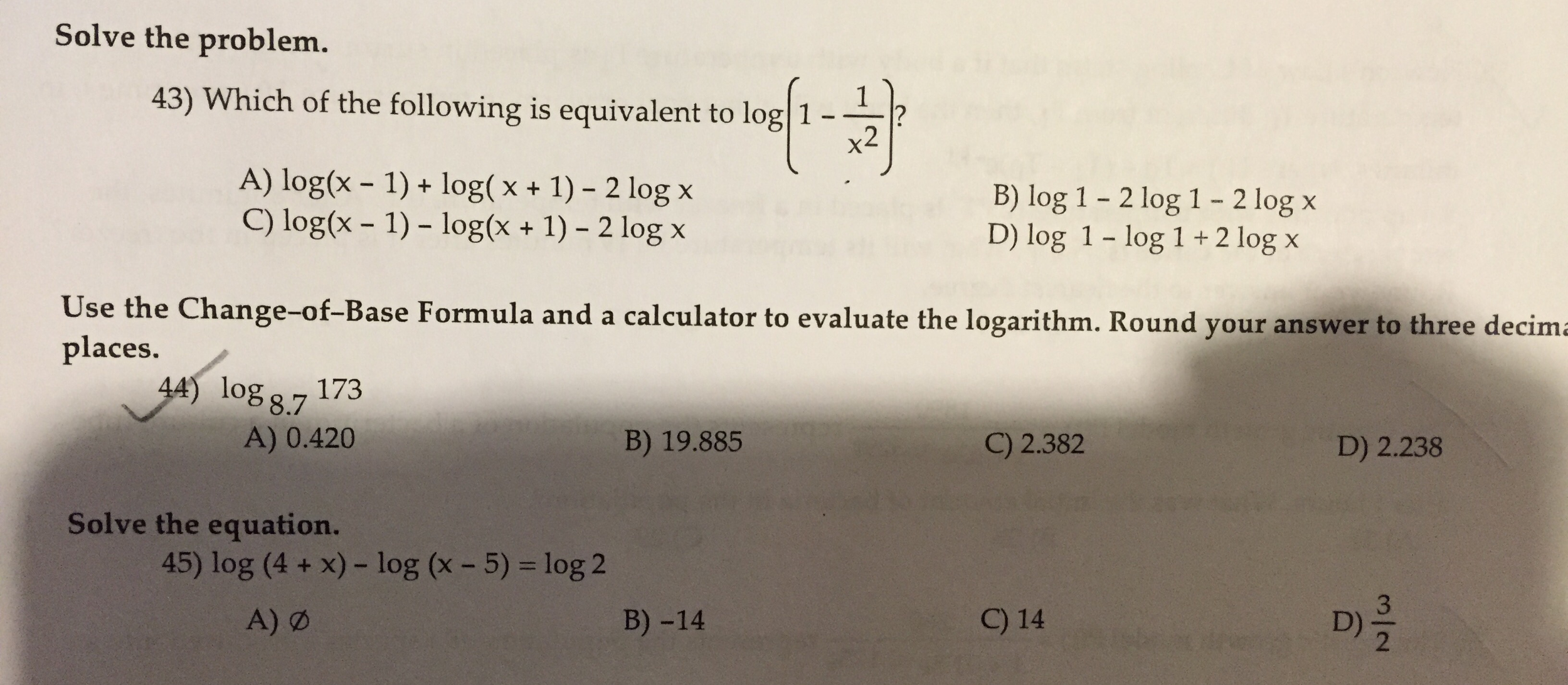 Solved Which Of The Following Is Equivalent To Log1 2288