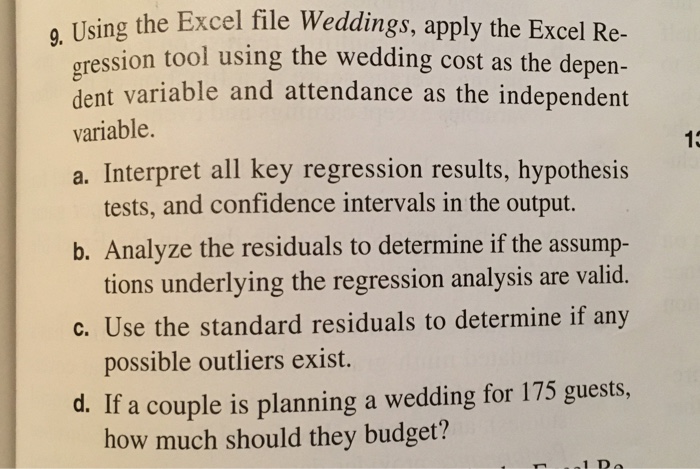 Using the Excel file Weddings, apply the Excel | Chegg.com