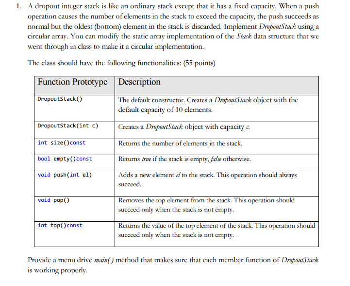 Solved A dropout integer stack is like an ordinary stack | Chegg.com