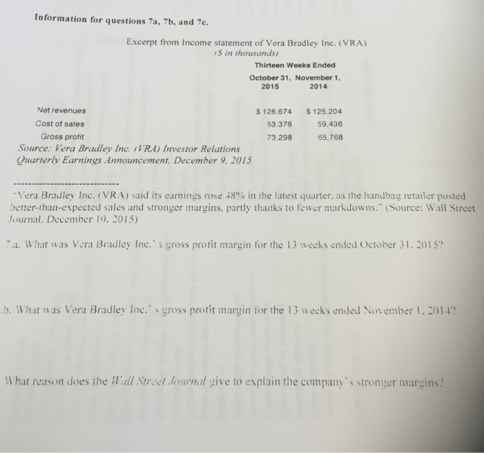 Solved Excerpt from Income statement fl Vera Bradley Inc. | Chegg.com
