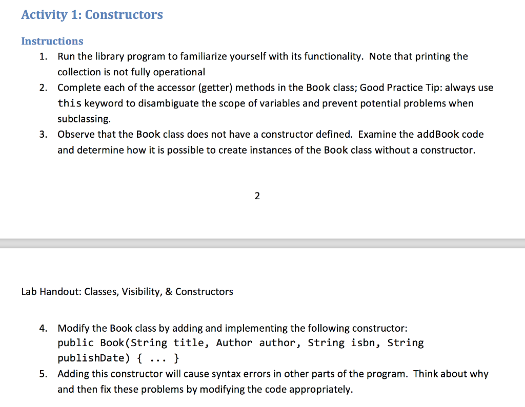 Solved Activity 1: Constructors Instructions Run the library | Chegg.com