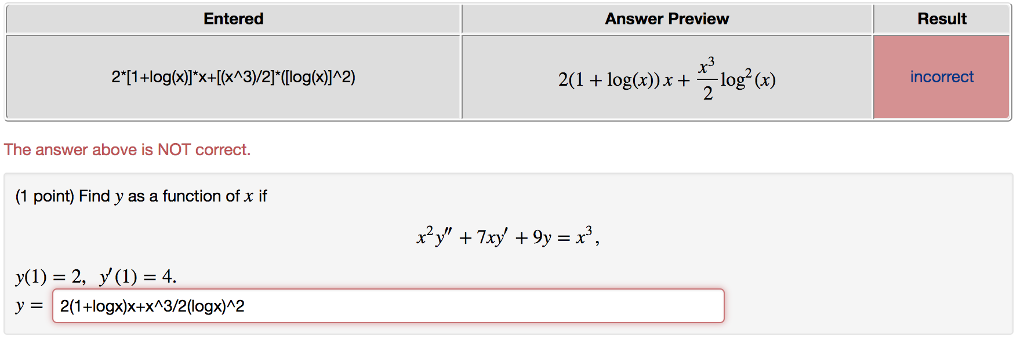 Solved Entered Answer Preview Result 2(1 +log(x))xlogx) | Chegg.com