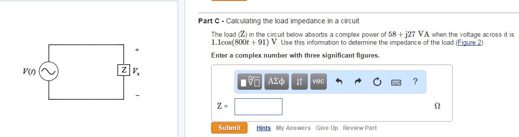 Solved Part C - calculating the load impedance in a circuit | Chegg.com