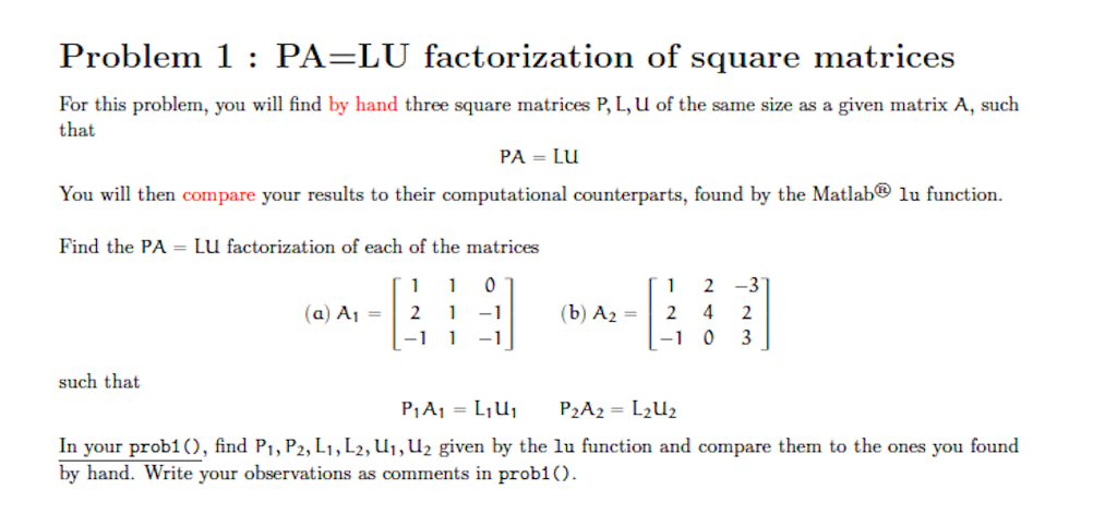 Solved Problem 1 Pa Lu Factorization Of Square Matrices