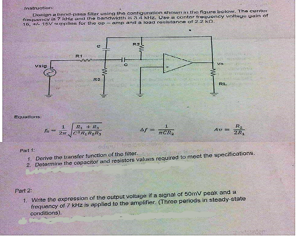 Solved Design a band-pass filter using the configuration | Chegg.com