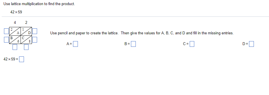 Solved Use lattice multiplication to find the product 42 x | Chegg.com