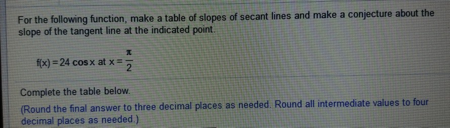 Solved For the following function, make a table of slopes of | Chegg.com