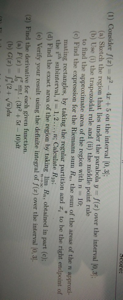 Solved Score: (1) Consider f(x) = x2-4x + 5 on the interval | Chegg.com