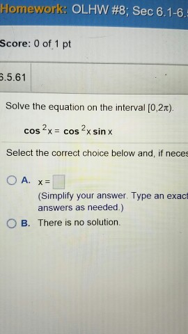 Solved Solve the equation on the interval (0, 2 pi). Cos^ 2 | Chegg.com