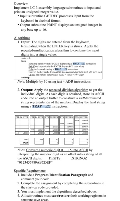 Implement LC-3 assembly language subroutines to input | Chegg.com