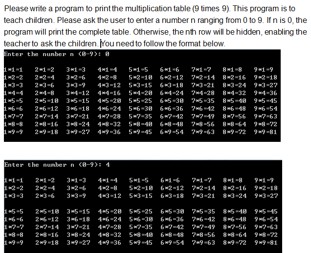Solved Please write a program to print the multiplication | Chegg.com