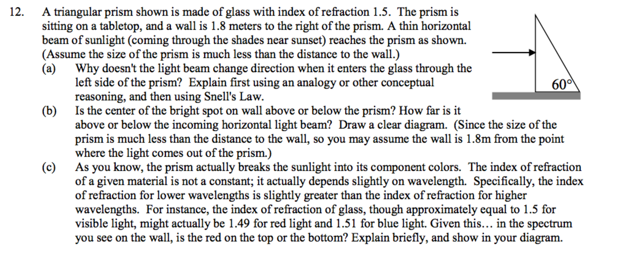 Solved A triangular prism shown is made of glass with index | Chegg.com
